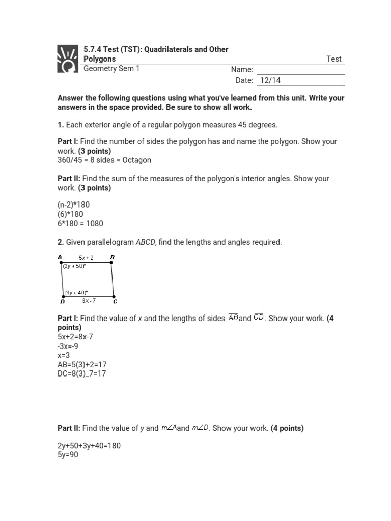 Unit 7 Test: Polygons & Quadrilaterals | PDF | Geometry | Euclid