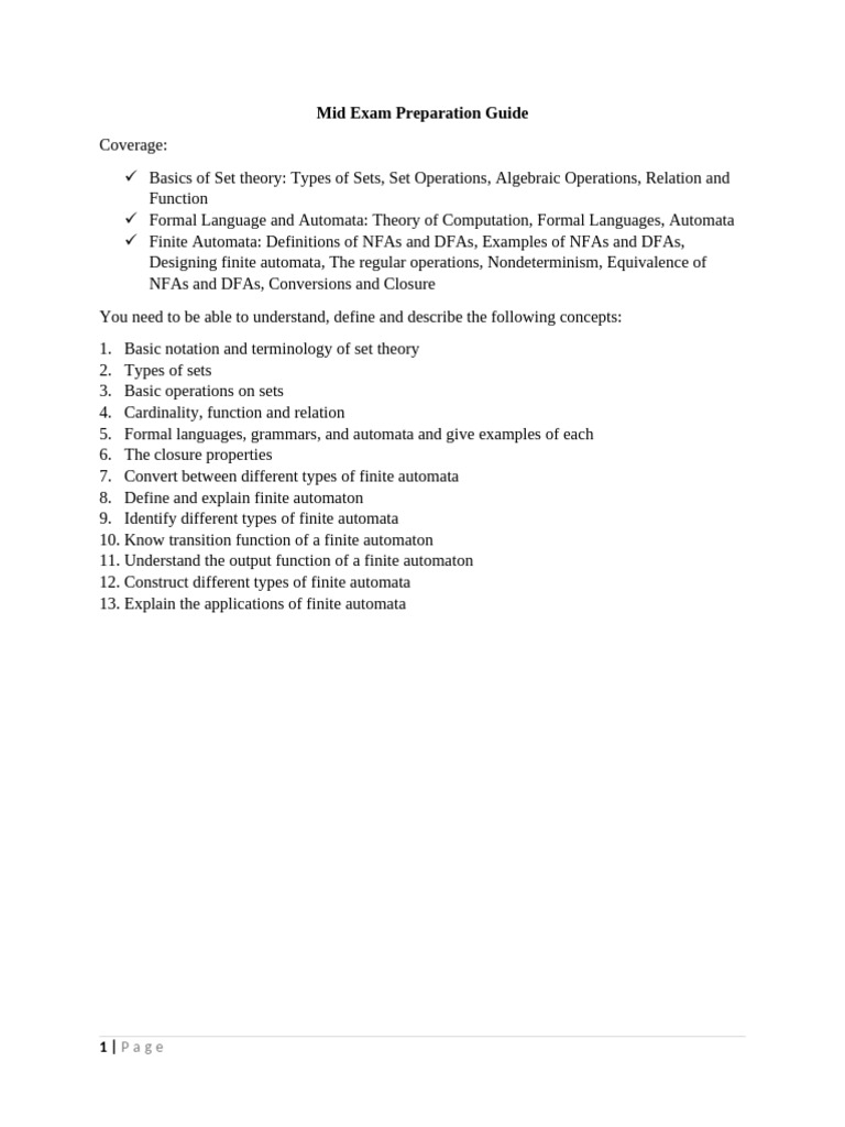 Mid Exam Prep: Set Theory & Automata | PDF