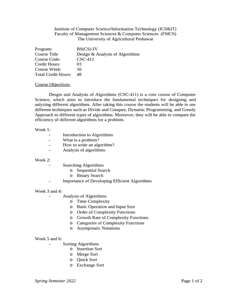 Design & Analysis of Algorithms Course | PDF | Algorithms | Dynamic ...