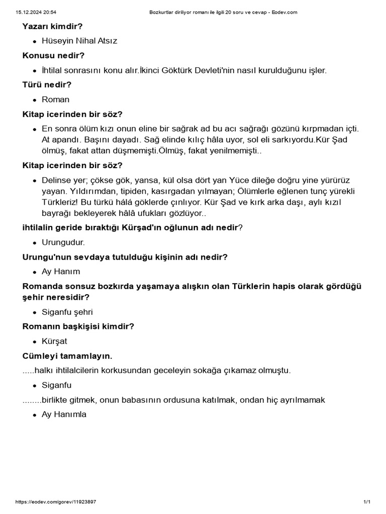 Bozkurtlar Diriliyor Romanı Ile Ilgili 20 Soru Ve Cevap - Eodev - Comvhgujgf | PDF