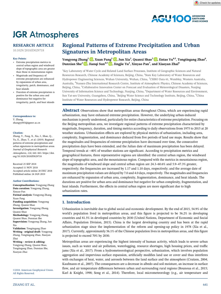 JGR Atmospheres - 2018 - Zhang - Regional Patterns of Extreme ...