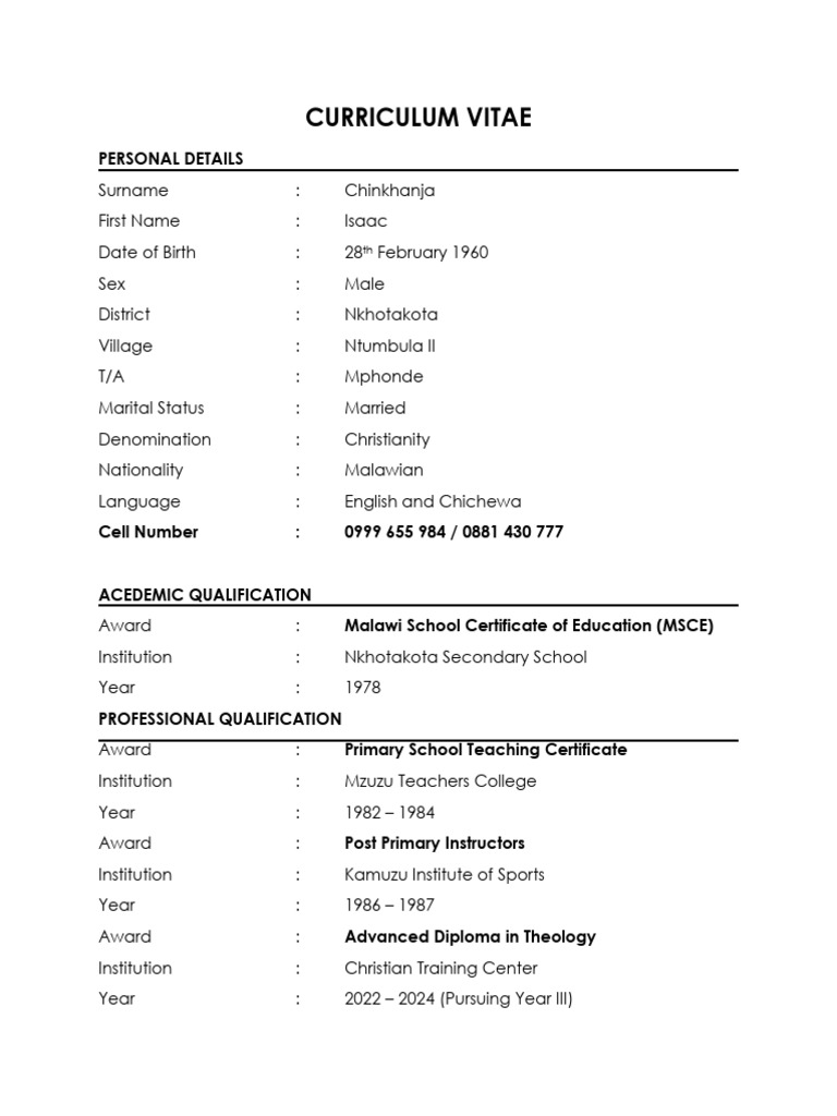 Curriculum Vitae - Isaac Chinkhanja | PDF