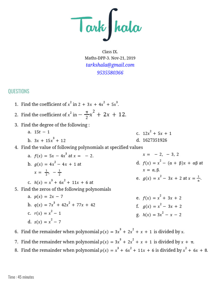 Maths-IX-DPP-3 | PDF | Polynomial | Mathematics Of Computing