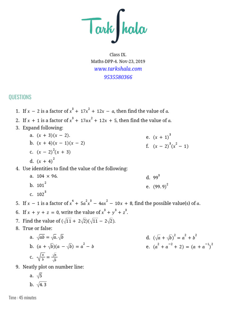 Maths IX DPP 4 | PDF