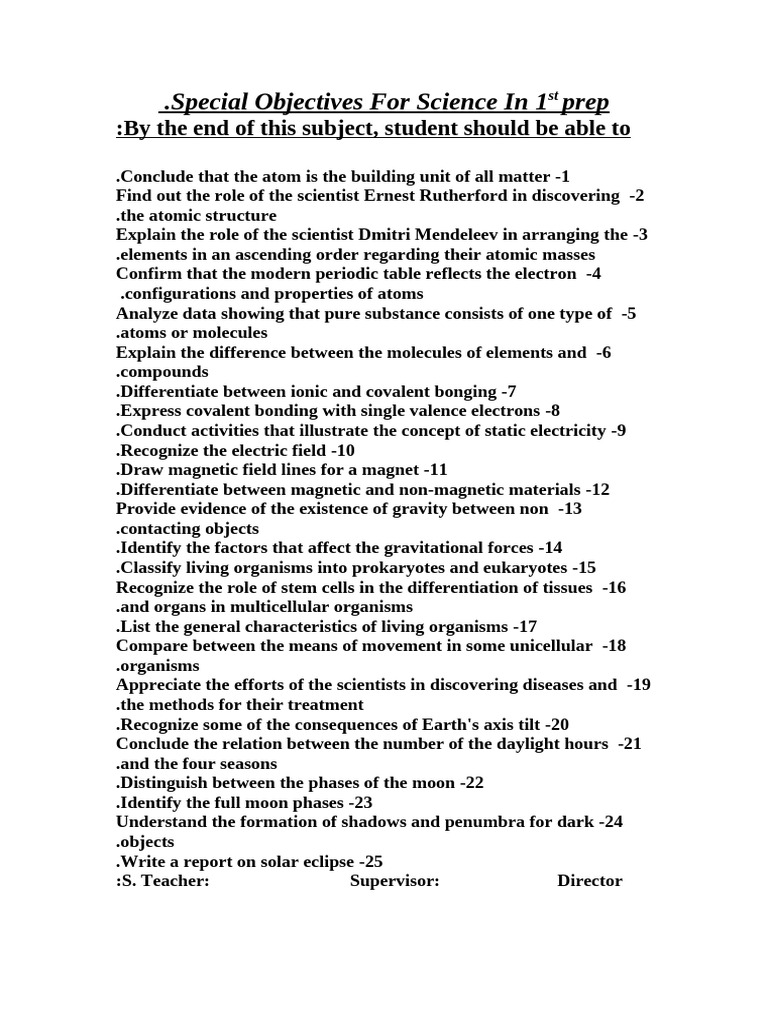 Special Objectives For Science in 1st Prep | PDF