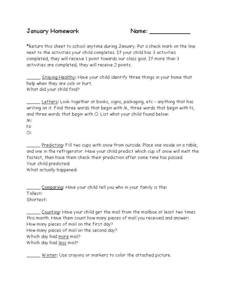 January Homework Activities Checklist | PDF | Wellness