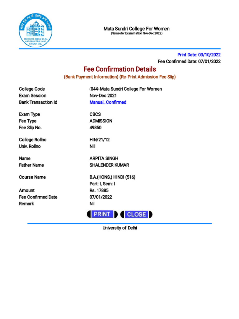 Fee Slip for DU Students | PDF