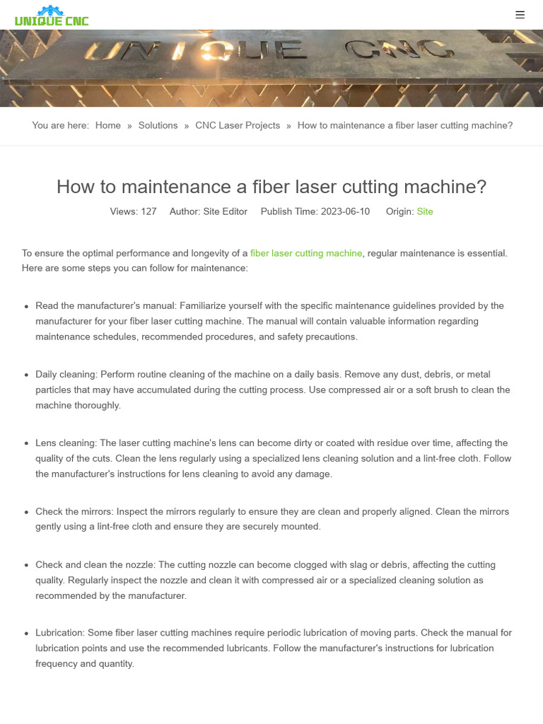 How To Maintenance A Fiber Laser Cutting Machine - UNIQUE CNC | PDF ...