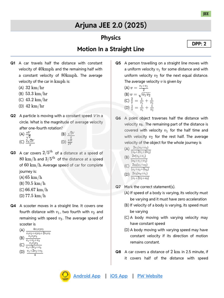 JEE 2025 Average Velocity Problems | PDF | Speed | Velocity