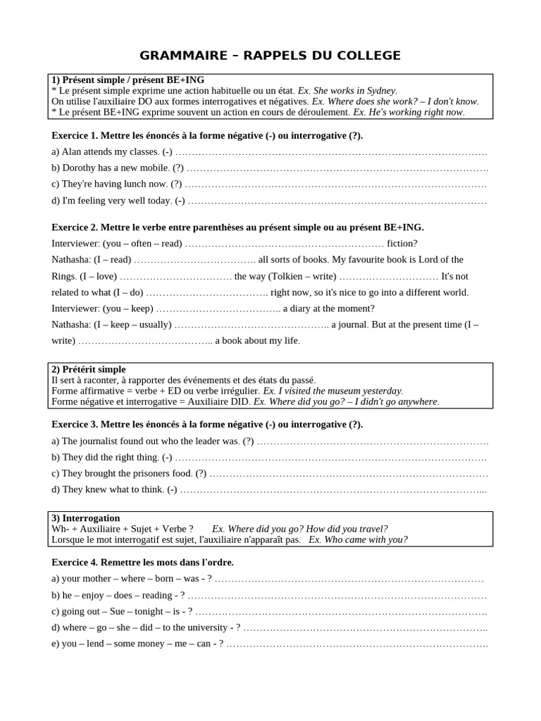 GRAMMAIRE Rappels Collège | PDF | Language Mechanics | Grammar