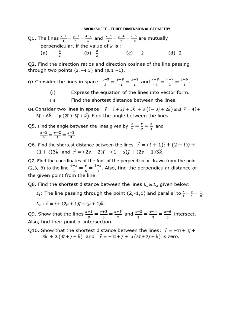 3D Geometry Worksheet | PDF | Euclid | Space