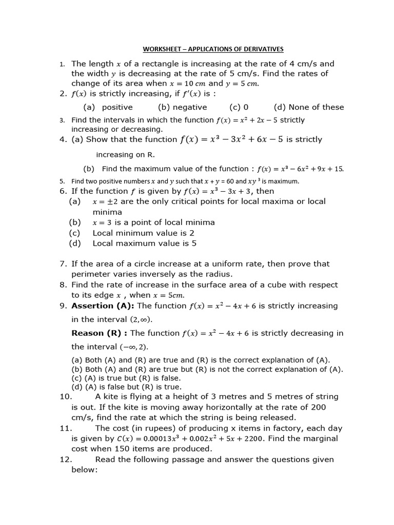 Application of Derivatives Worksheet | PDF | Area | Mathematical Analysis