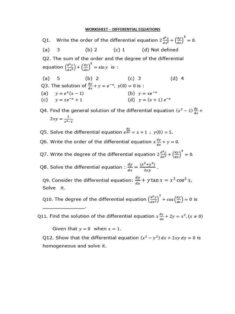 Differential Equations Worksheet Pt 2 Based 1 Pdf Equations