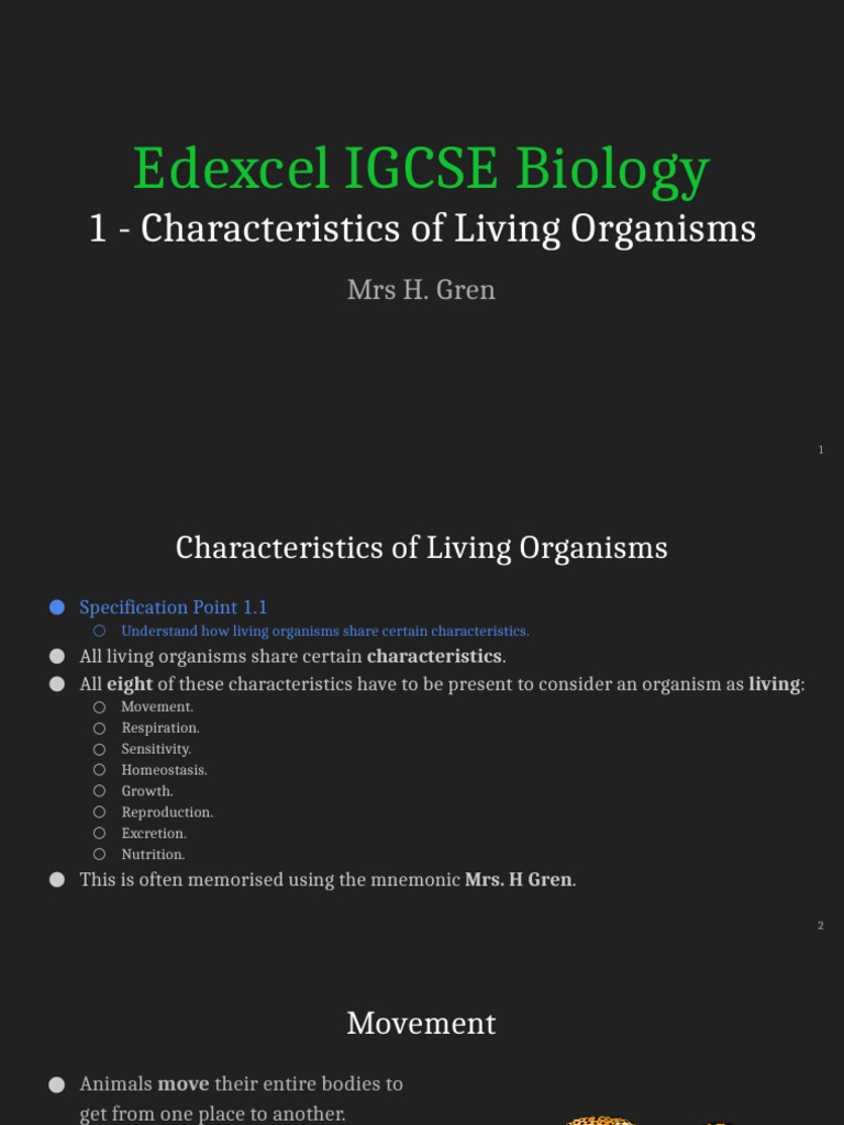 IGCSE Biology Lecture 1 Characteristics of Living Organisms | PDF ...