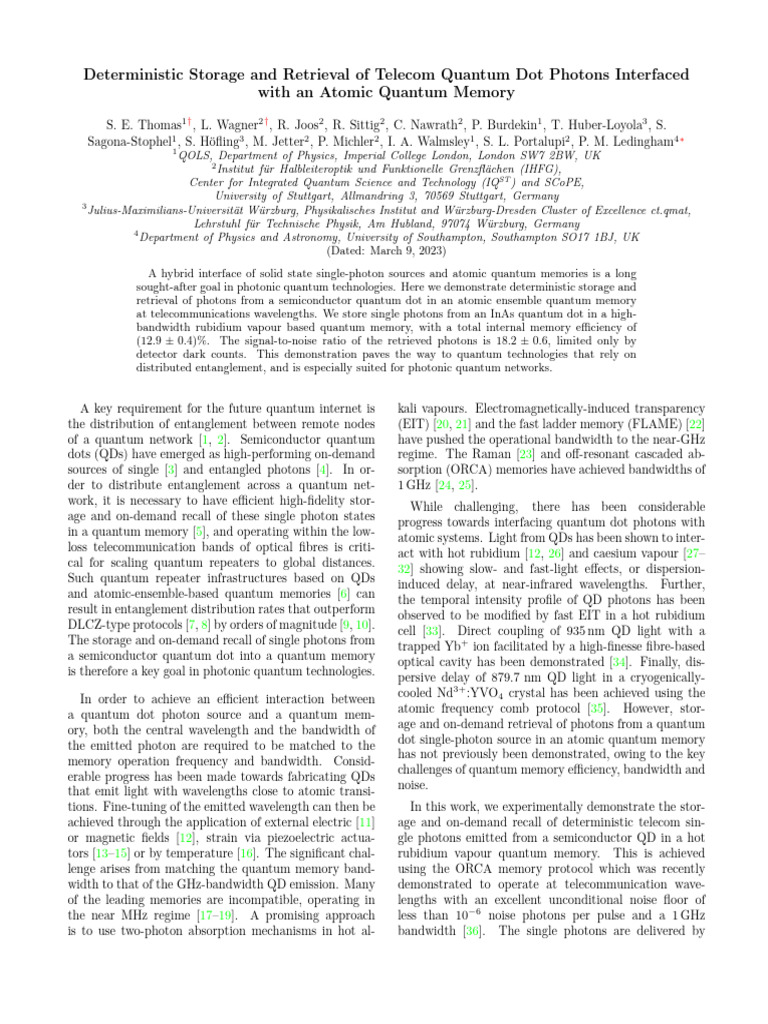 Deterministic Storage and Retrieval of Telecom Quantum Dot Photons Interfaced With An Atomic ...