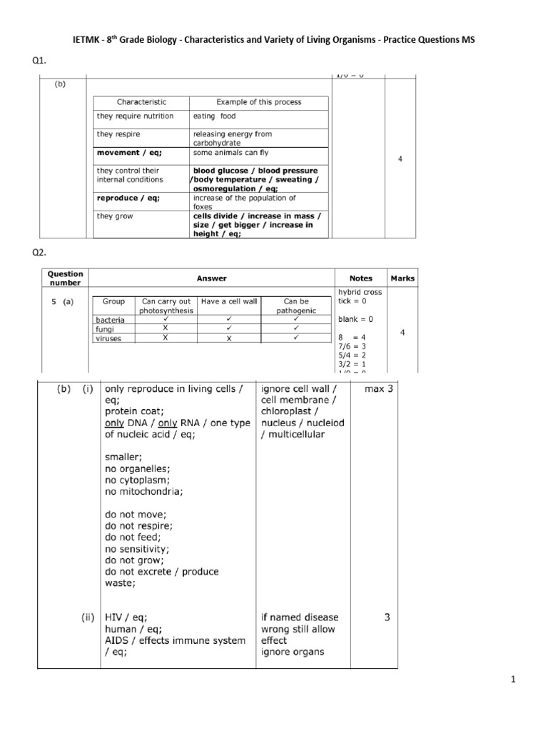 8th Grade Practice Questions Characteristics and Variety of Organisms ...
