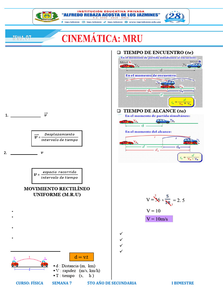 5to Semana7 Cinemática Mru Separata | PDF | Velocidad | Hora