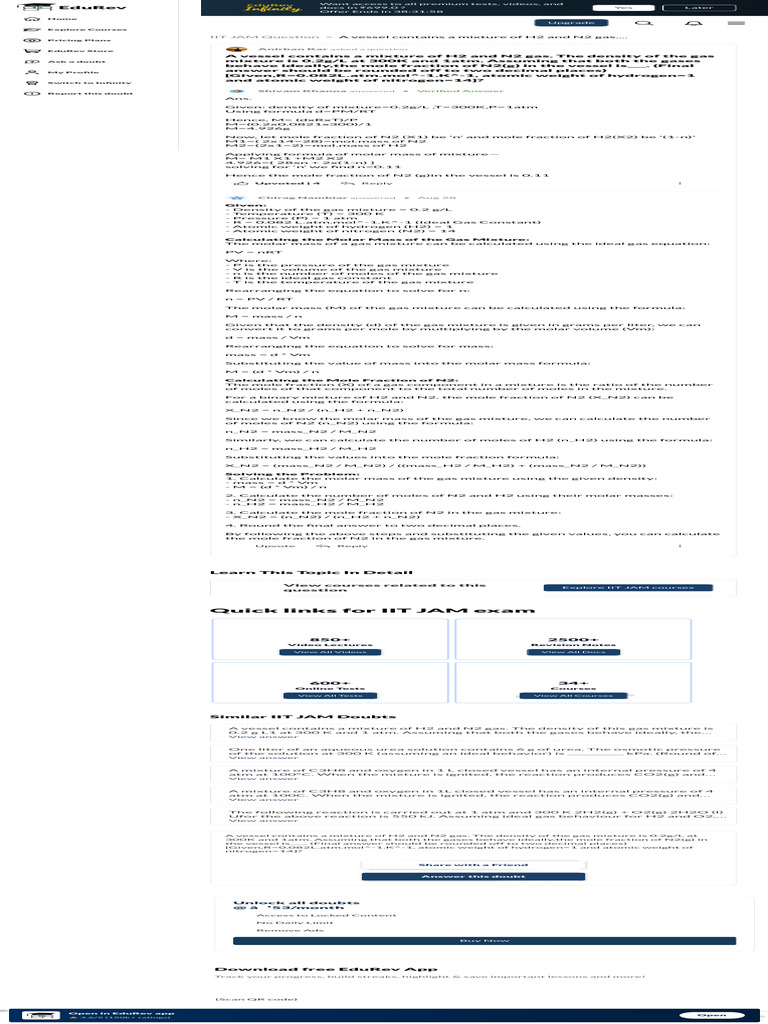 A Vessel Contains A Mixture of H2 and N2 Gas. The Density of The Gas ...