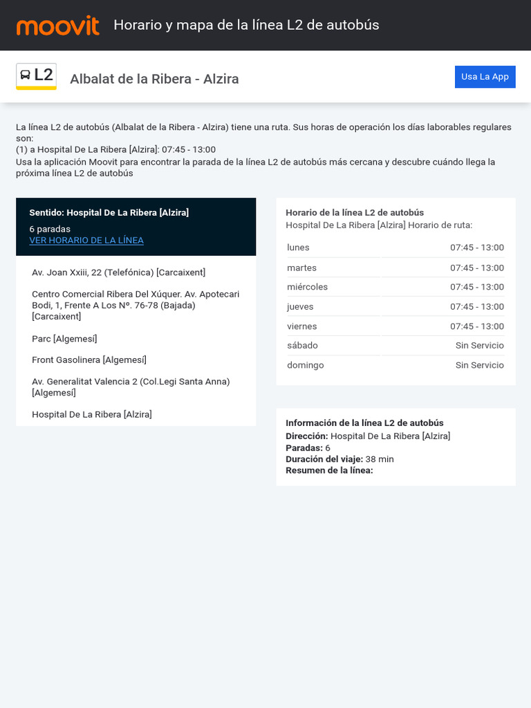 Albalat de La Ribera - Alzira: Horario y Mapa de La Línea L2 de Autobús | PDF | Transporte ...