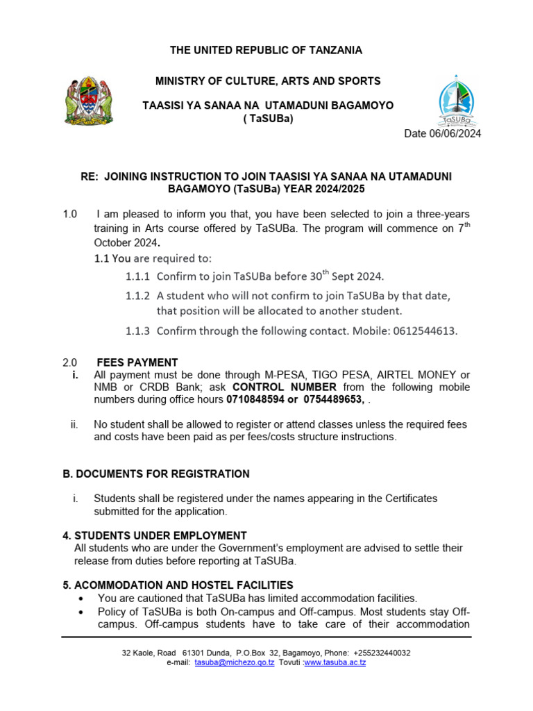 TaSUBa 2024/2025 Joining Instructions | PDF