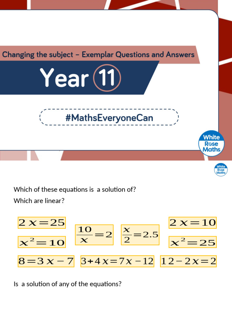 Year 11 Changing the Subject Exemplar Questions and Answers | PDF ...