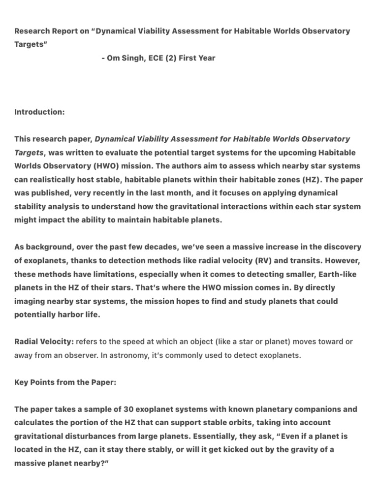 Research Report on “Dynamical Viability Assessment for Habitable Worlds ...