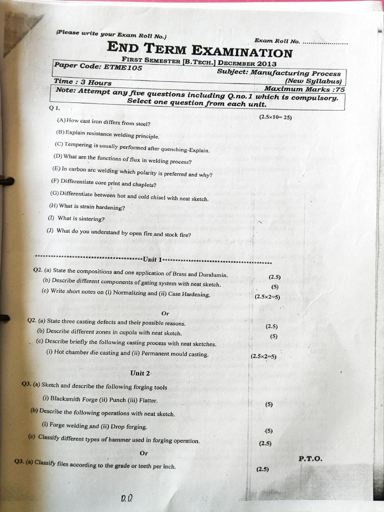 MP Prev. Year Question Papers | PDF | Construction | Welding