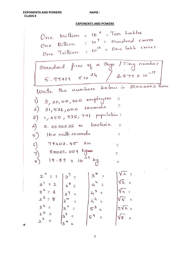Exponents and Powers - Class 8 | PDF
