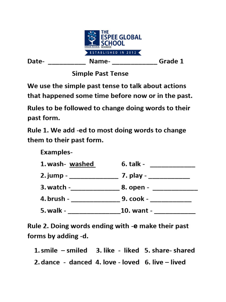 Grade 1 Simple Past Tense Worksheet | PDF