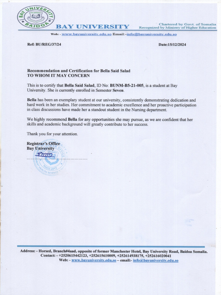 Bella Said Salad Recomendation Letter | PDF