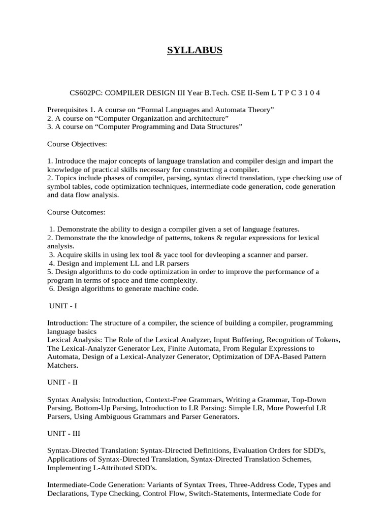 Compiler Design Course Syllabus | PDF | Parsing | Compiler