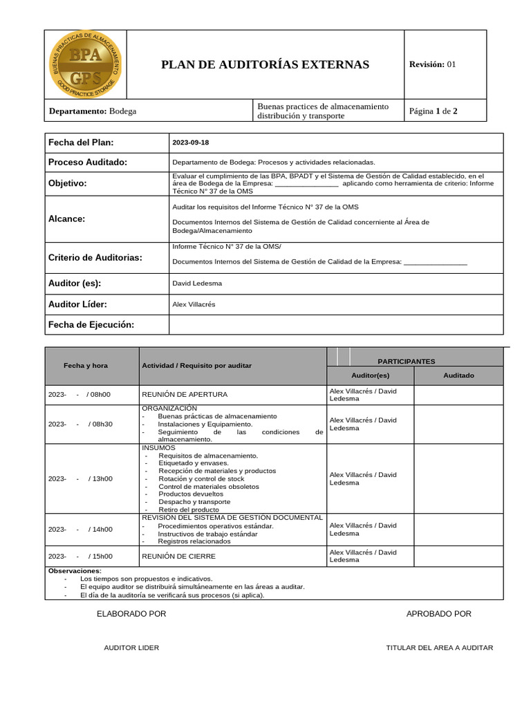 Plan de Auditoría BPA-1 | PDF | Auditoría | Sistema de manejo de calidad