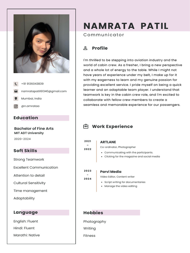 Namrata Patil - Cabin Crew Resume | PDF