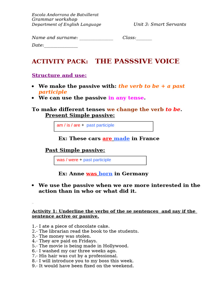 PASSIVE Activity pack | PDF | Grammatical Tense | Verb
