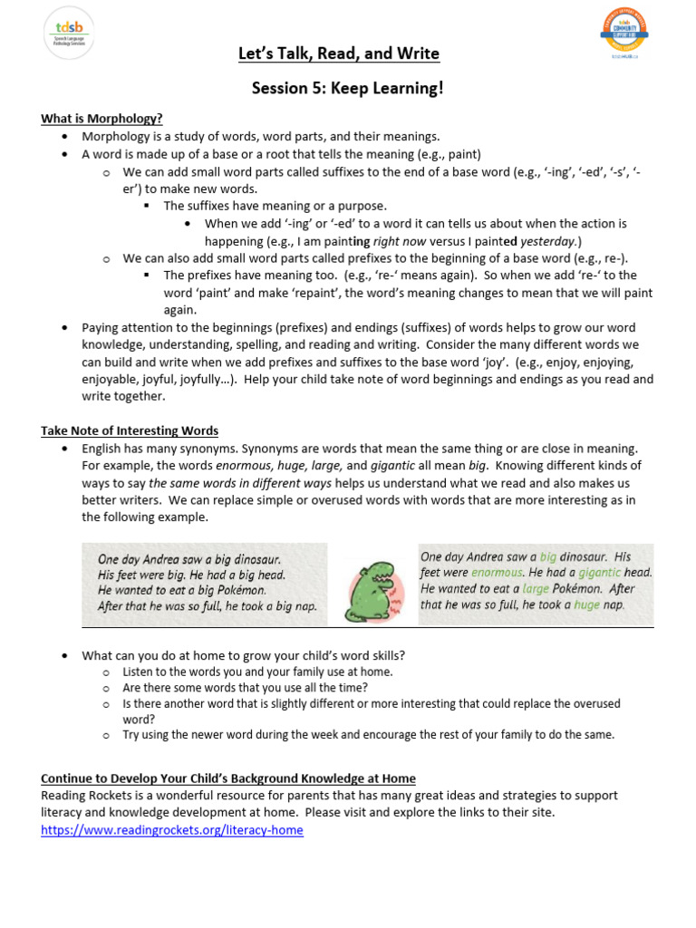 Let's Talk, Read, and Write Session 5 Tip Sheet | PDF | Word | Human ...