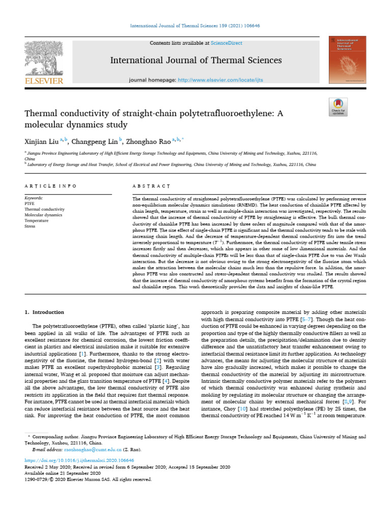Thermal Conductivity of Straight-Chain Polytetrafluoroethylene A Molecular Dynamics Study | PDF ...