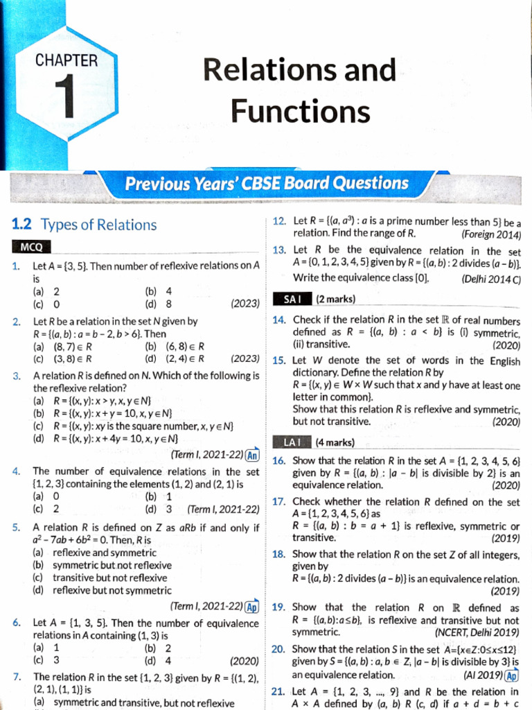 Relations and Functions Previous Years Question Bank | PDF | Function ...