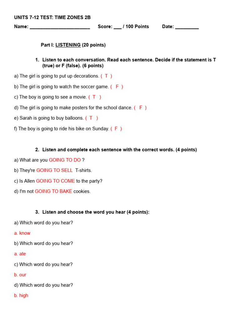 Time Zones 2B Test: Listening & Reading | PDF