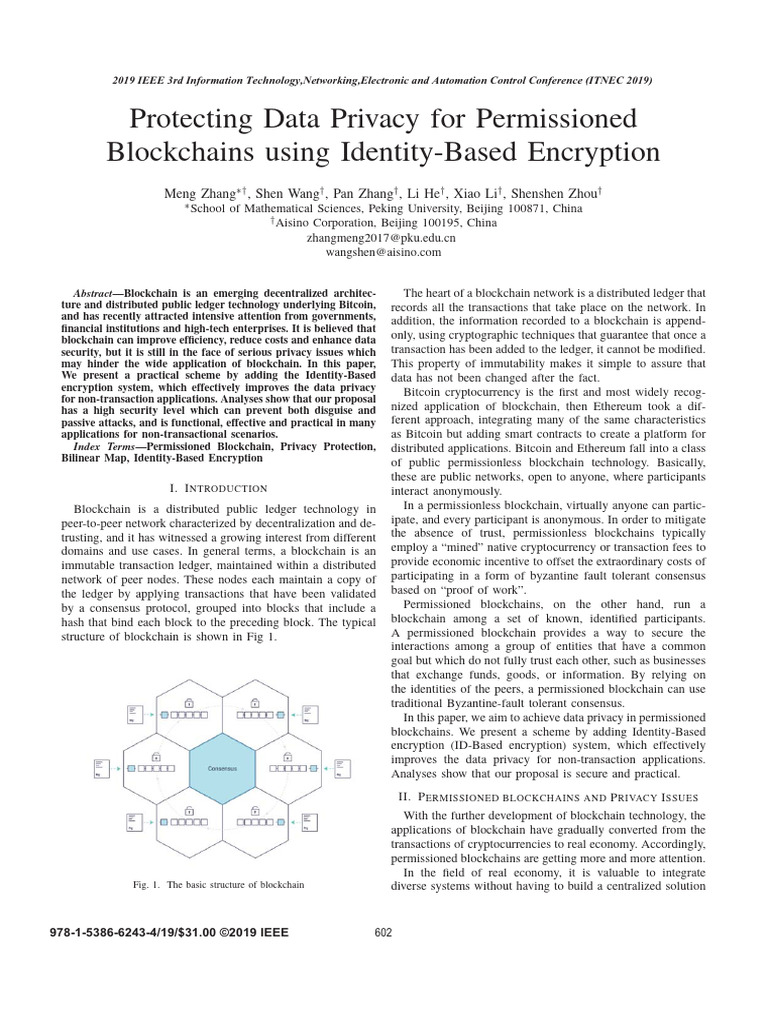Protecting Data Privacy For Permission Blockchain Using Identity Based Encryption | PDF | Public ...