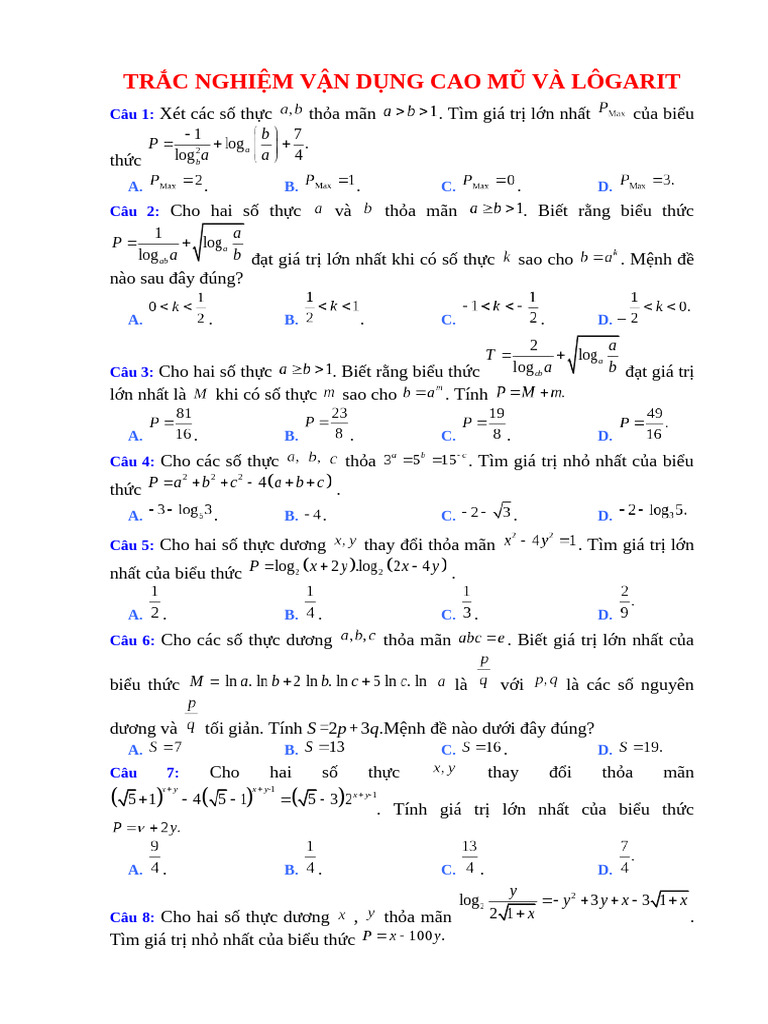 Trắc Nghiệm Vận Dụng Cao Mũ Và Lôgarit | PDF
