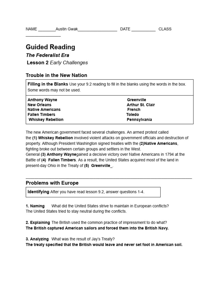 9.2 Guided Reading Answer Key | PDF | George Washington | Society Of ...