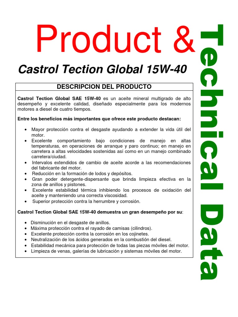 2011 Castrol Tection Global 15W-40 | PDF | Motor diesel | Lubricante