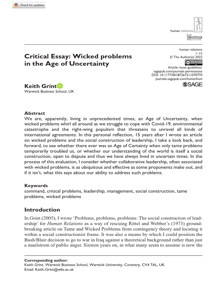 Grint (2022) Critical Essay. Wicked Problems in The Age of Uncertainty ...