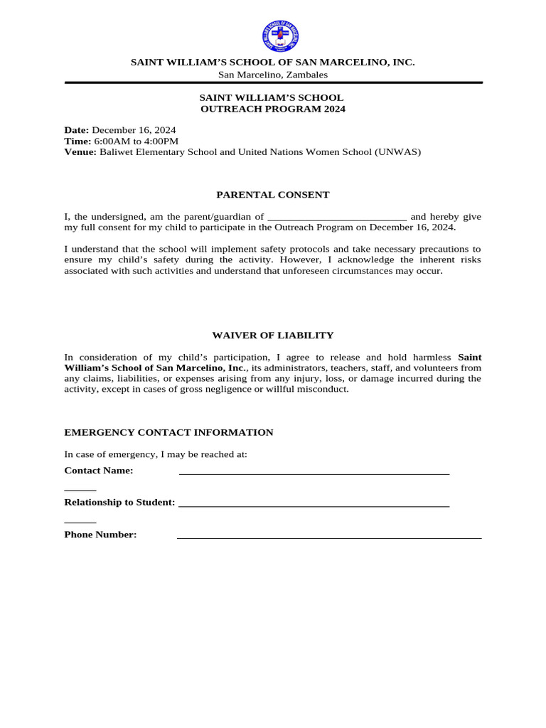 Outreach Program Consent Form 2024 | PDF
