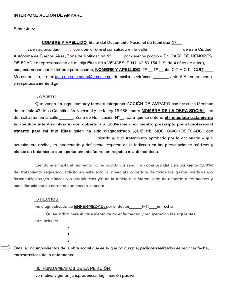 Acción de Amparo por Tratamiento Médico | PDF | Mandato | Documento de ...
