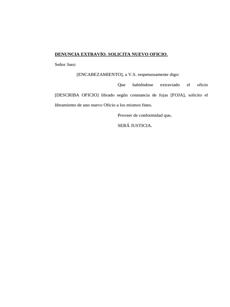 Denuncia Extravío. Solicita Nuevo Oficio. | PDF