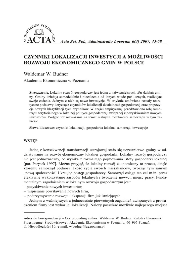 Budner 2007. Czynniki lokalizacji inwestycji | PDF