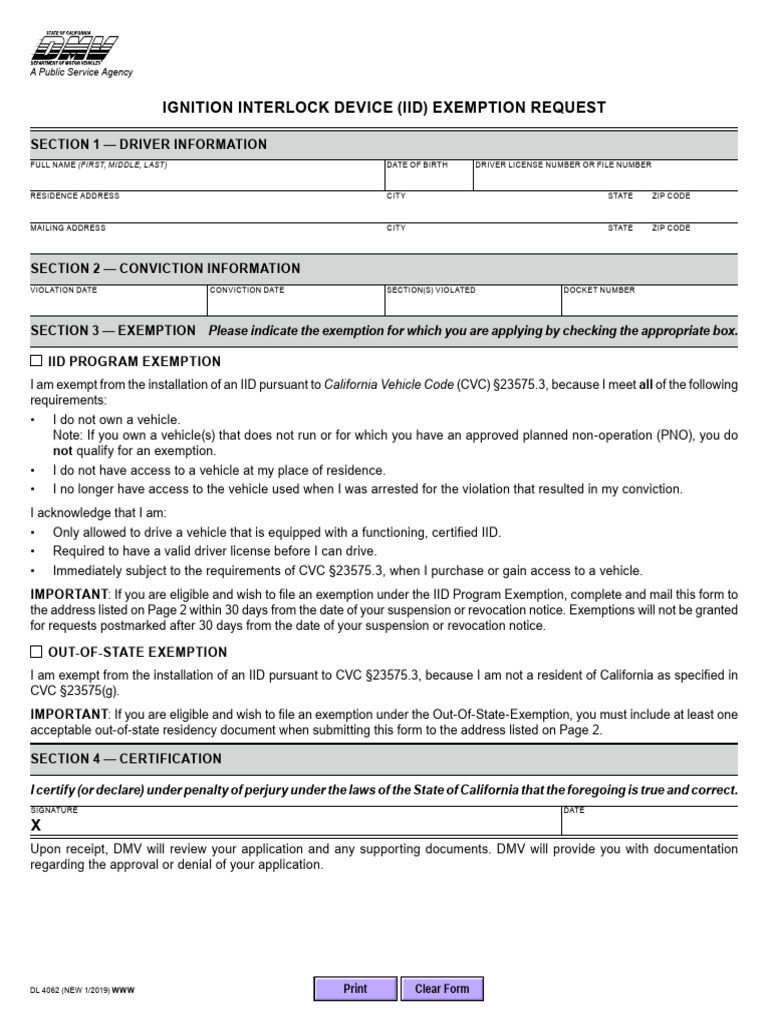 Ignition Interlock Device Exemption Request DL 4062 | PDF