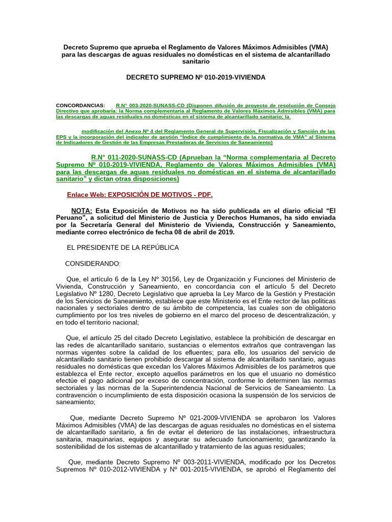 DS #010-2019-VIVIENDA Reglamento de Valores Máximos Admisibles (VMA) | PDF | Alcantarillado ...