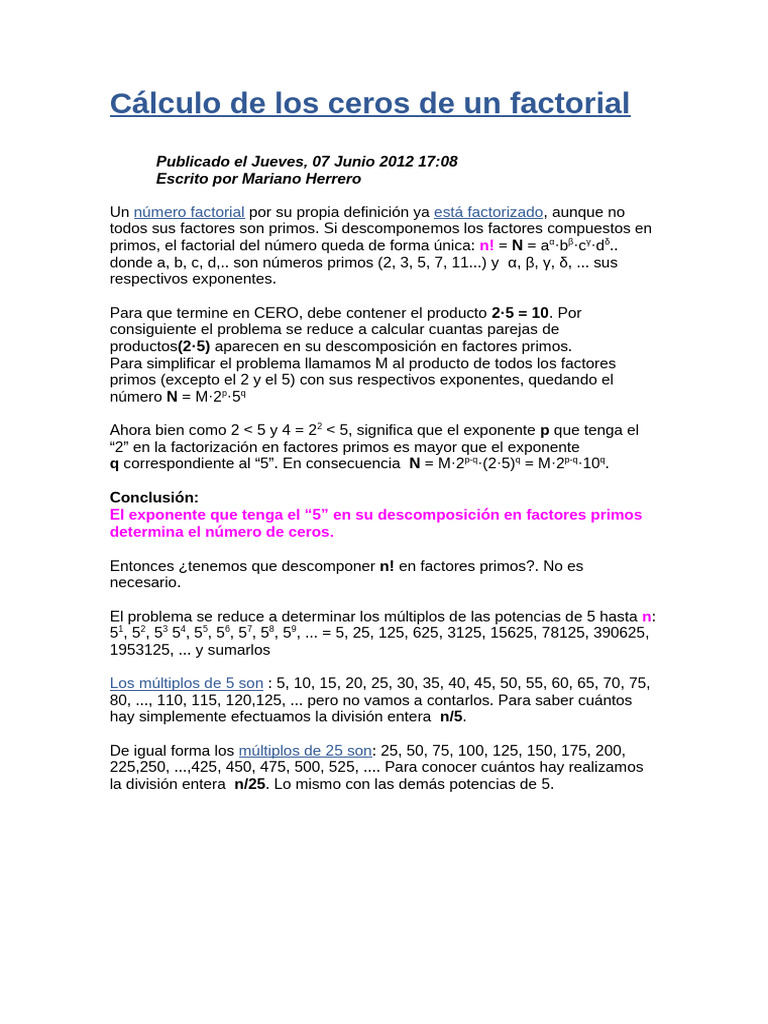 Cálculo de Los Ceros de Un Factorial | PDF | División (Matemáticas) | Matemáticas